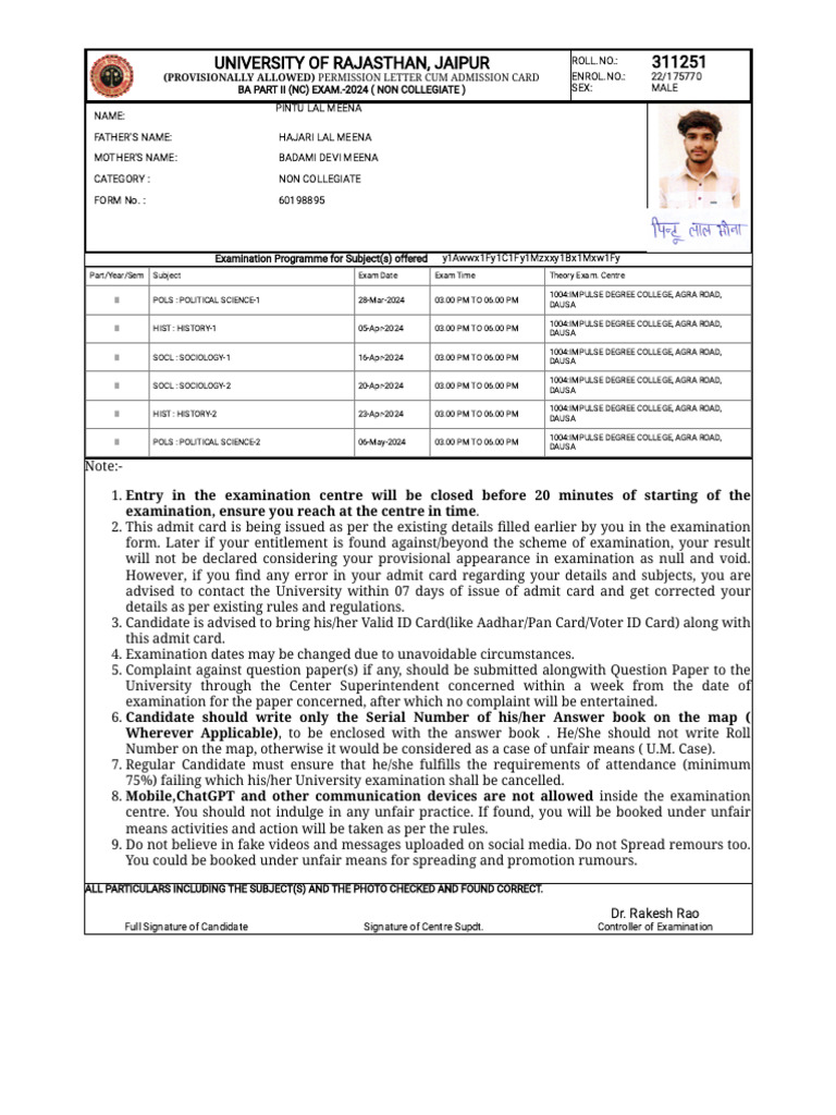 BA Part II Admit Card - 2024 | PDF | Government