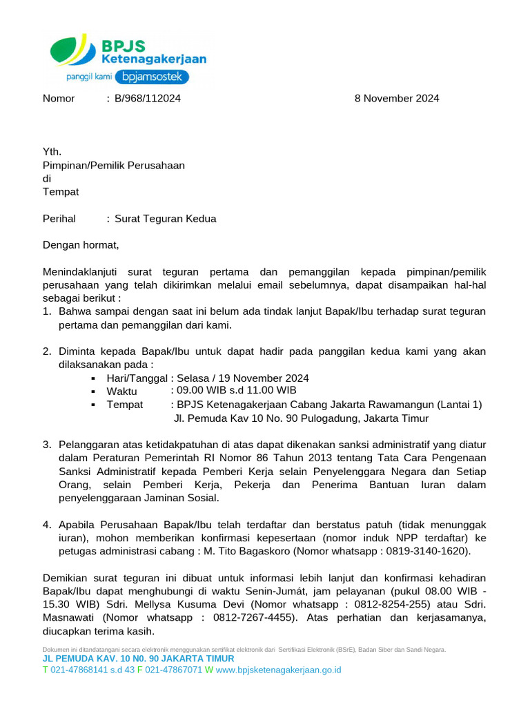 Surat Teguran Kedua BPJS Ketenagakerjaan | PDF