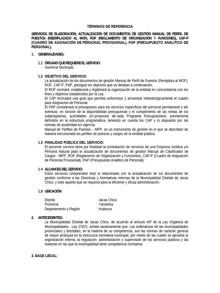 Talérminos de Referencia Rof Cap Pap MPP | PDF | Presupuesto | Regulación