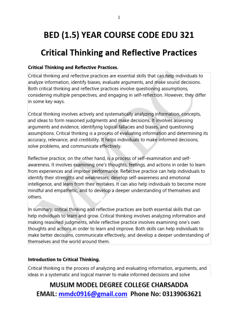 Critical Thinking and Reflective | PDF | Critical Thinking | Reflective ...