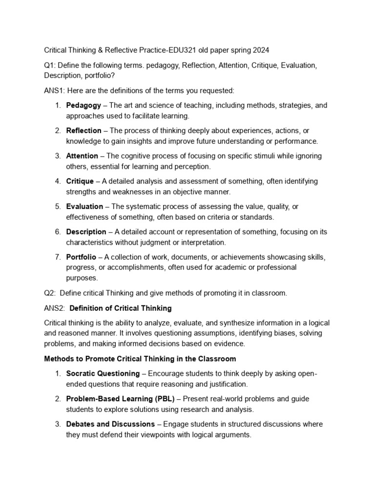 Critical Thinking & Reflective Old Paper Spring 2024 | PDF | Critical ...