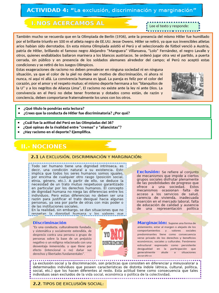 Ficha de Actv.n° 04 - DPCC 4tounid 2 - 2025 | PDF | Exclusión social | Discriminación