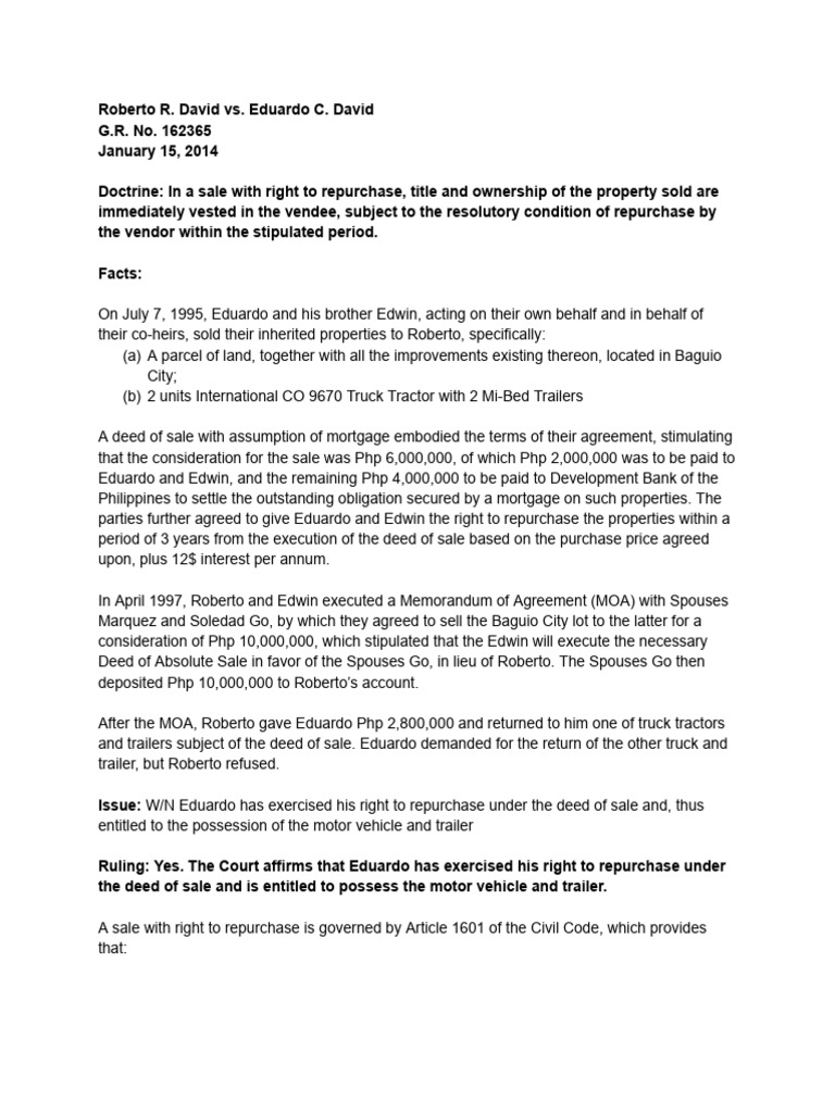 David v. David G.R. 162365 | PDF | Repurchase Agreement | Common Law