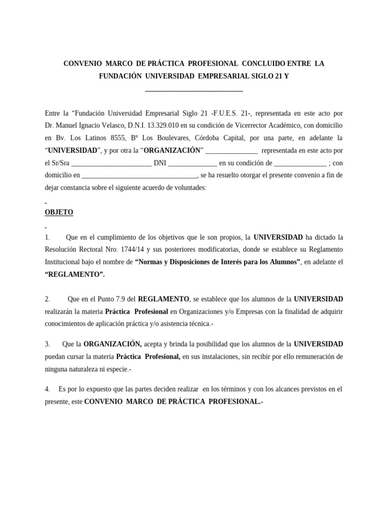 Modelo de Convenio Marco de Práctica Profesional | PDF