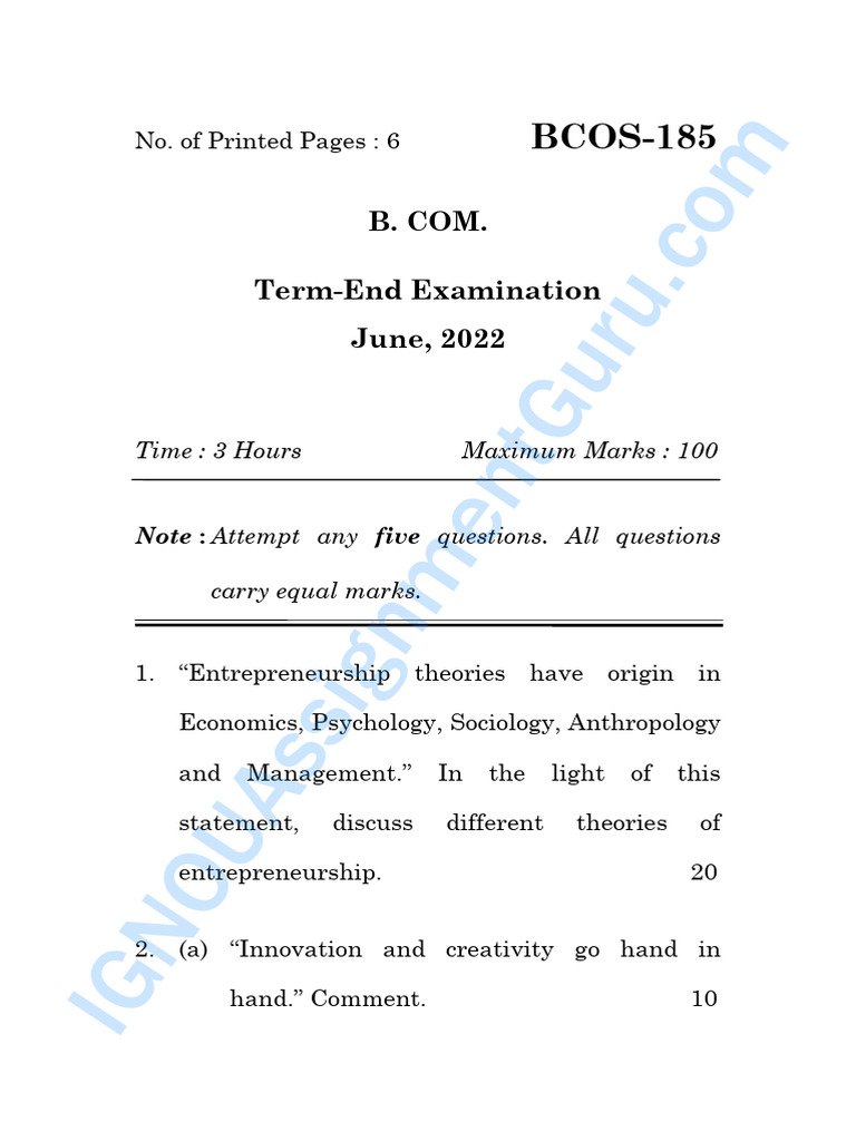 BCOS-185 June - 2010-June - 2024 - 12-11-24 | PDF | Entrepreneurship ...