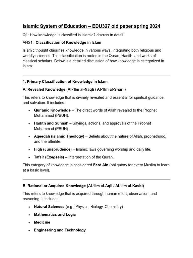Islamic System of Education Old Paper Spring 2024 | PDF | Hadith | Quran