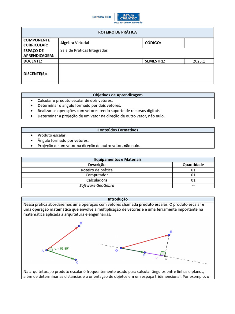 Roteiro de Prática 08 - Produto Escalar | PDF | Vetor euclidiano | Magnetismo