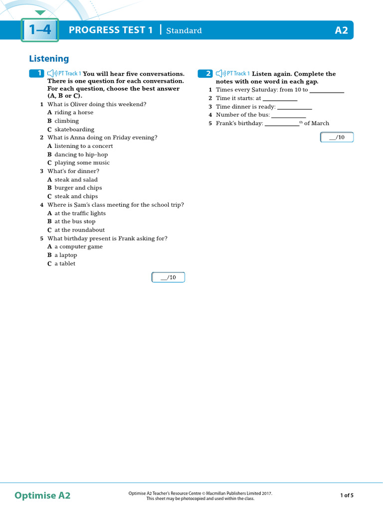 Opt A2 Progress Test 1 Standard Pdf