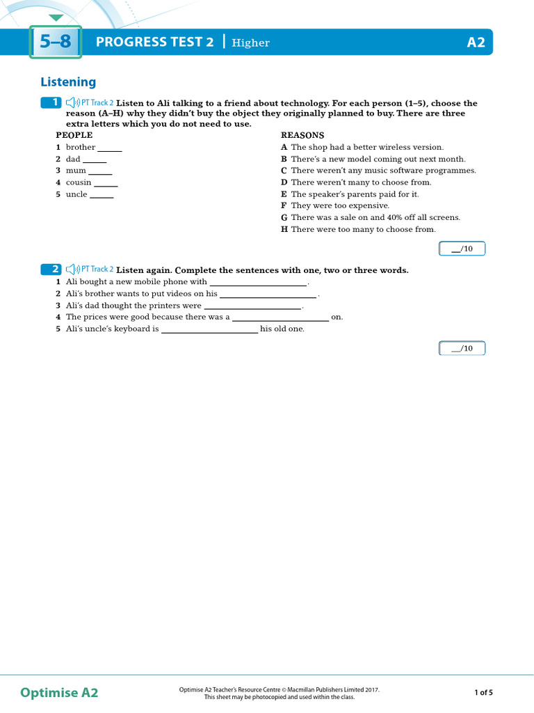 OPT_A2_Progress_test_2_higher | PDF