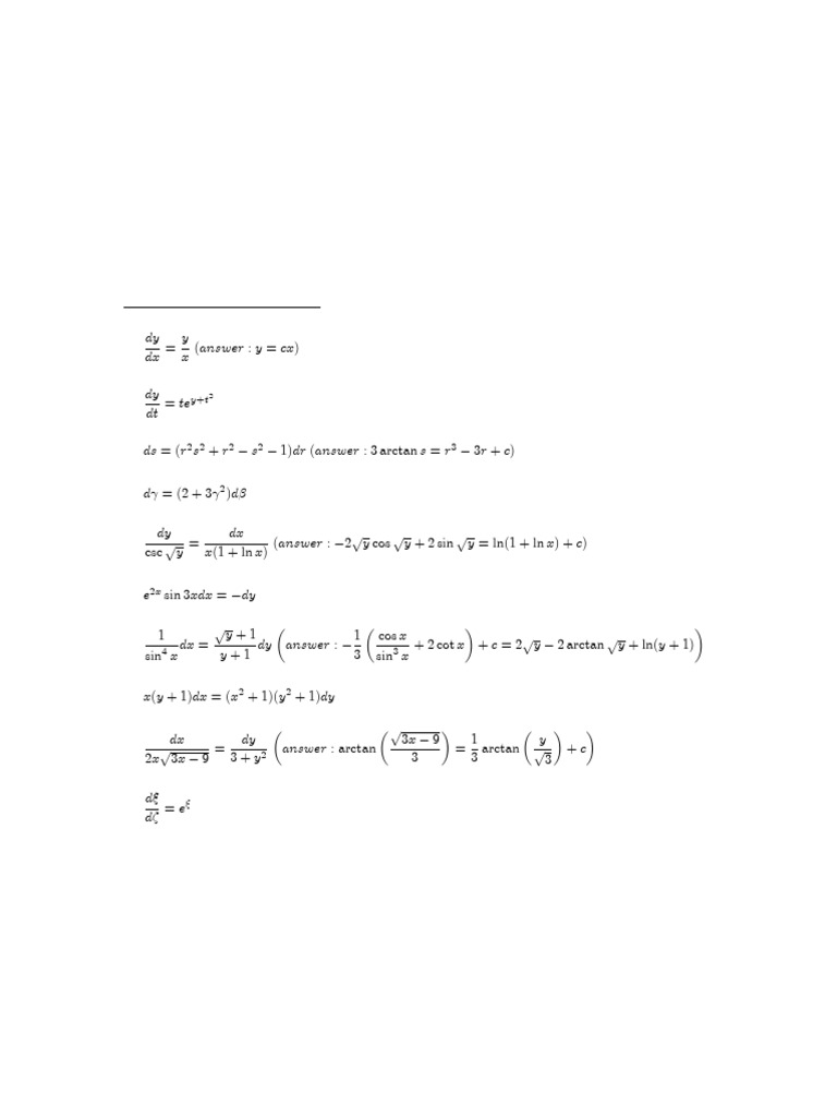 Separable Differential Equations Exercises | PDF