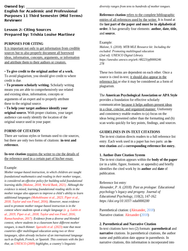 EAPPS 11 - Third Semester - Mid Terms Lesson 2 | PDF | Citation | Apa Style