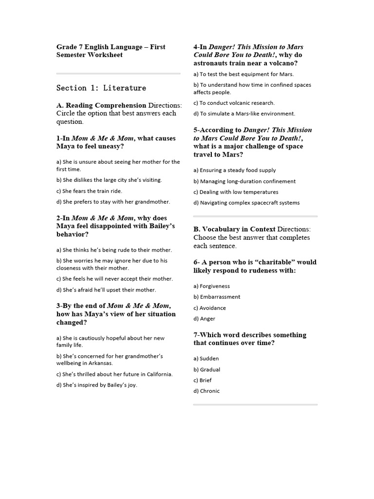 Grade 7 English Language - First Semester Worksheet 2 | PDF | Pronoun