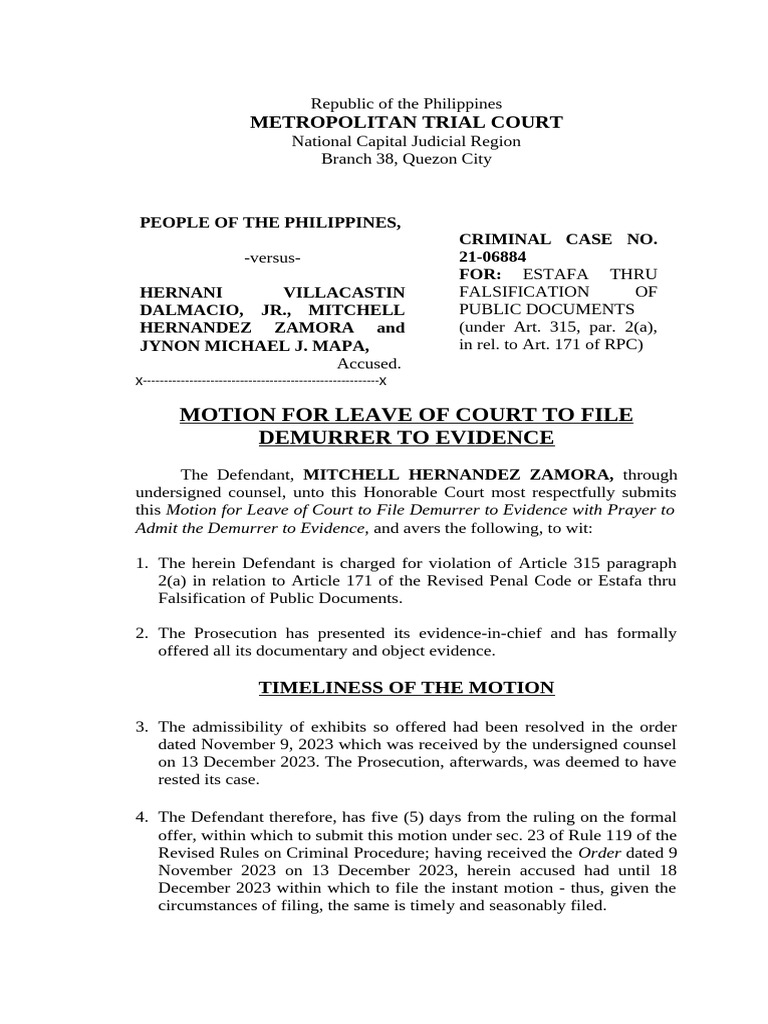 People vs. Mitchell H. Zamora-Motion For Leave To File Demurrer To ...