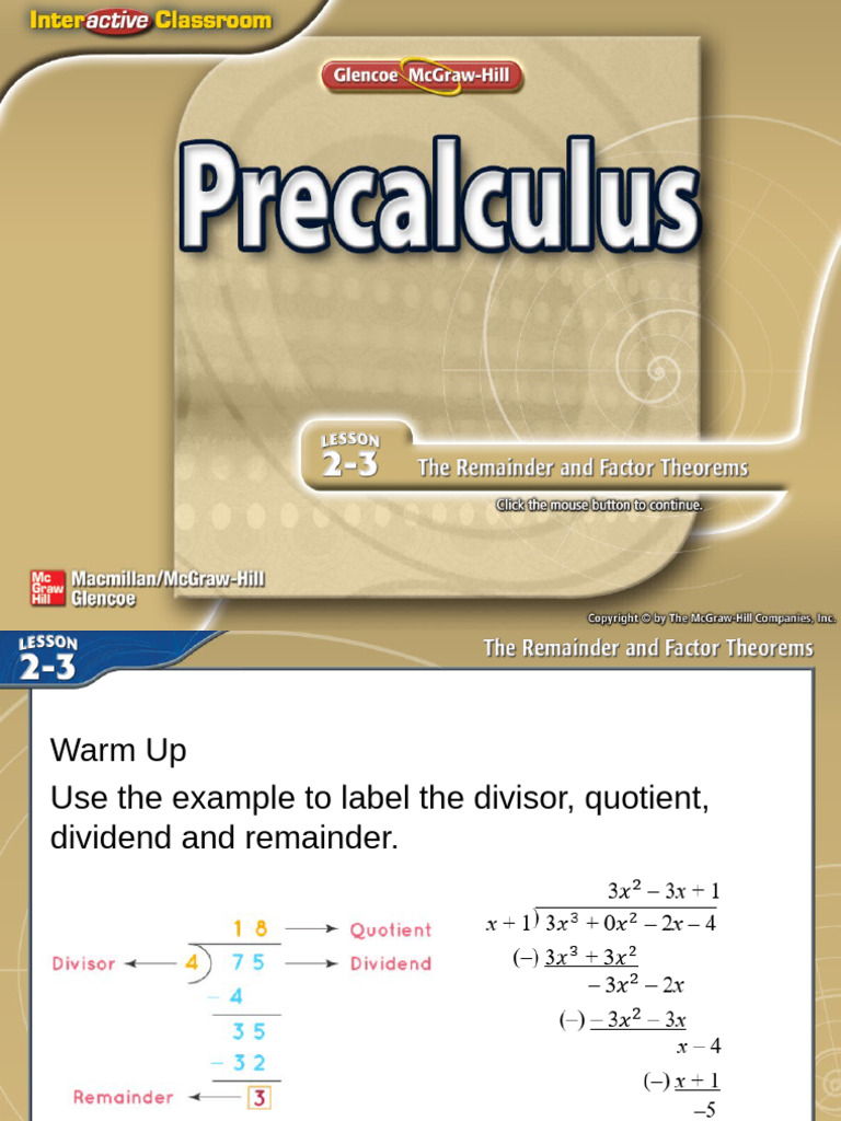 2-3 Remainder and Factor Theorems | PDF | Division (Mathematics) | Factorization