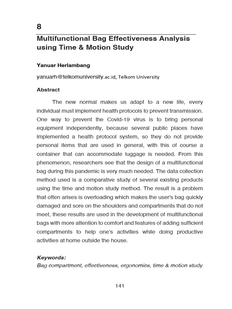 Multifunctional Bag Effectiveness Analysis Using Time Motion Study | PDF | Backpack