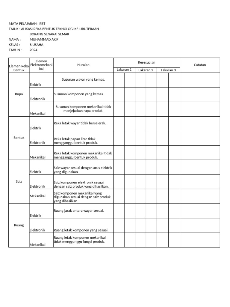 Borang senarai semak RBT Tahu 6 | PDF