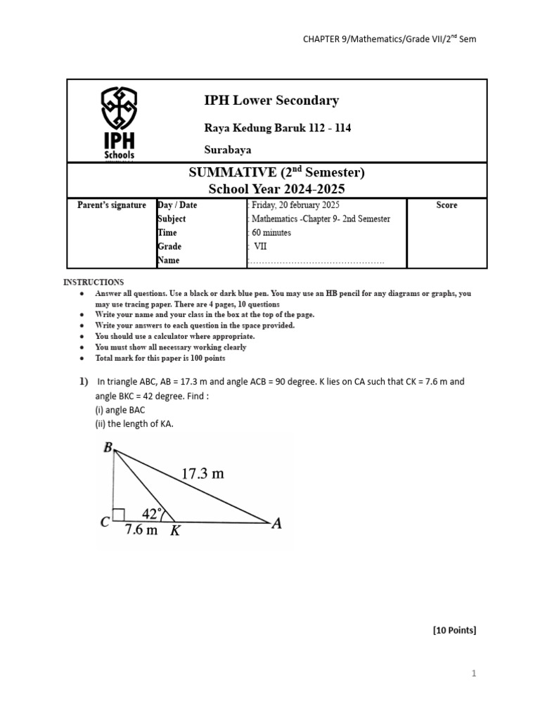 G8 Summative Chapter 10 - Mathematics - VII - 1st Sem | PDF