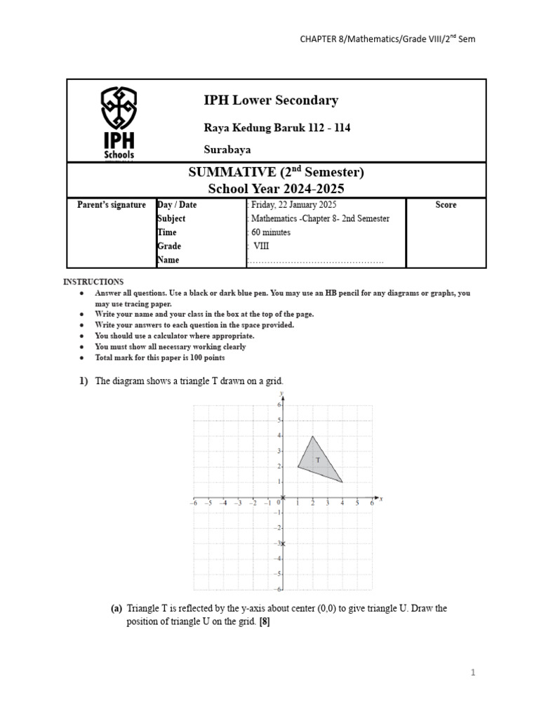 Summative Chapter 8 - Mathematics - VIII - 1st Sem | PDF | Area | Geometry