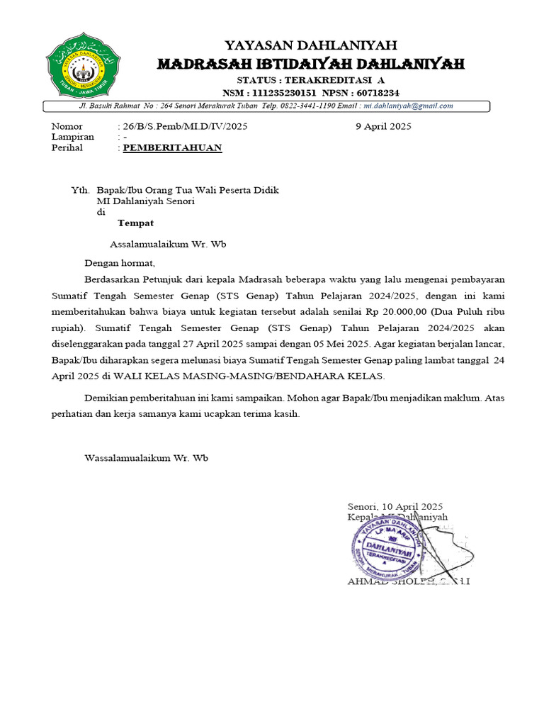 Surat Pemberitahuan Pembayaran Pts | PDF