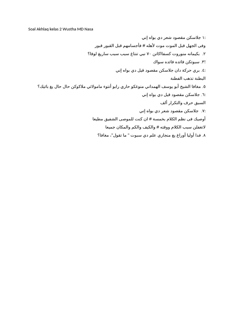 Soal Akhlaq Kls 2 Wustha MD Nasa | PDF