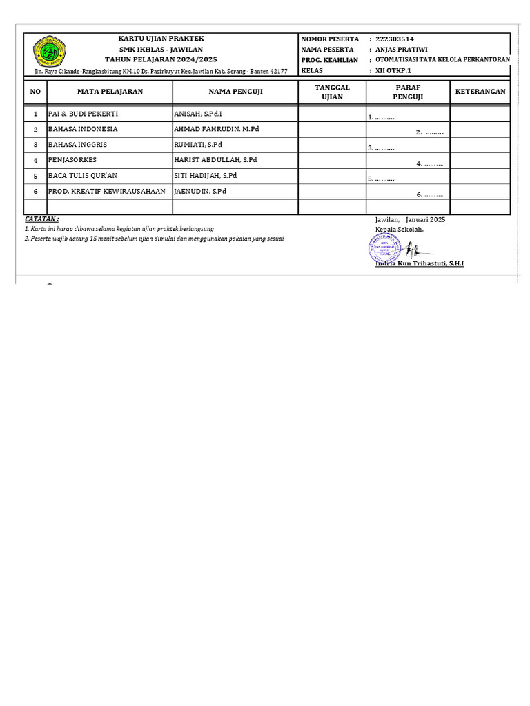 Format Kartu Uprak | PDF