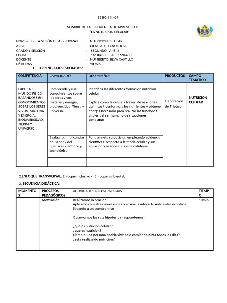 SESION 09 DE APRENDIZAJE SEGUNDO - Docx NUTRICION CELULAR | PDF | Aprendizaje | Nutrición