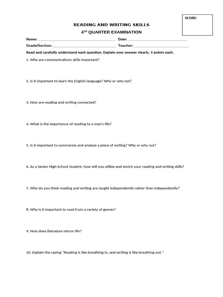4th Quarter Exam: Reading & Writing Skills | PDF | Learning | Communication