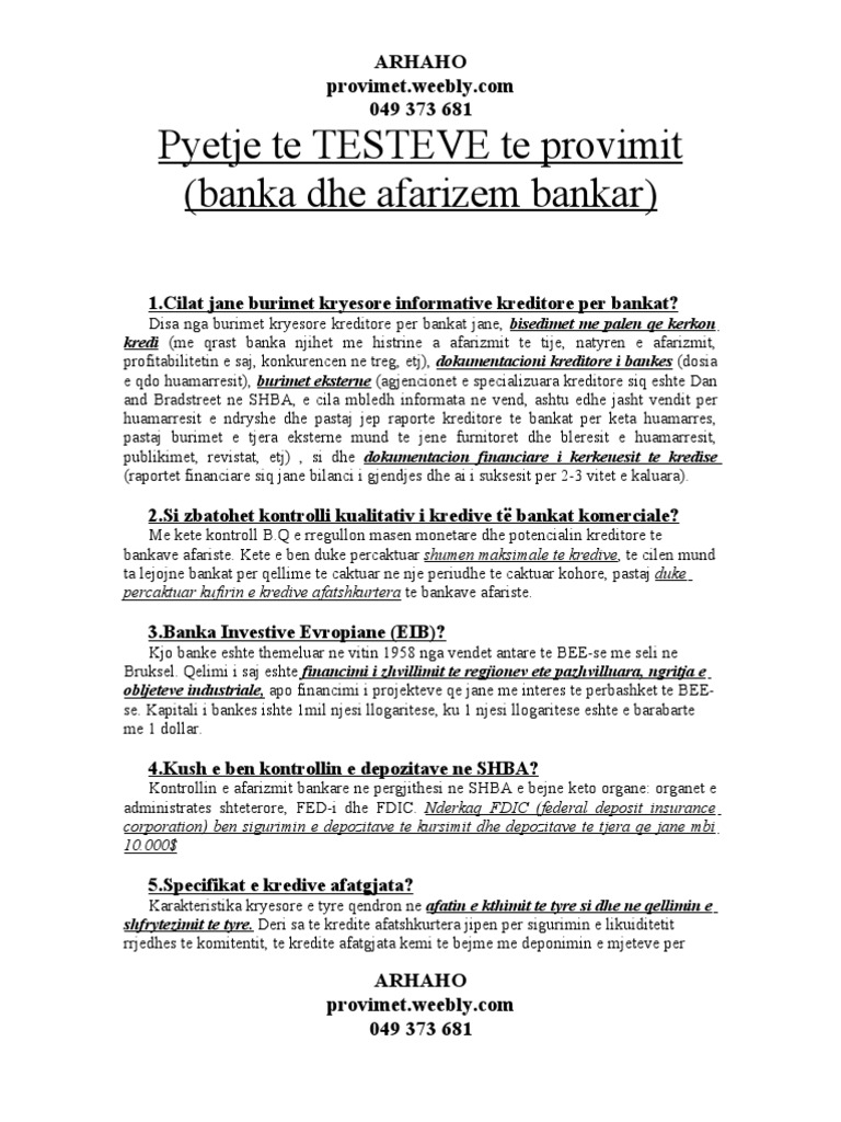 Pyetje Te Testeve Te Provimit Banka | PDF