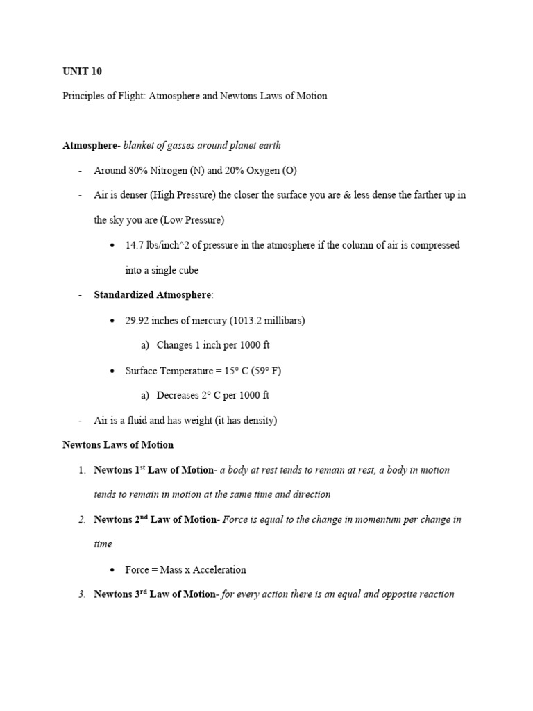 Unit 10 - Atmosphere & Newtons Laws of Motion | PDF | Airfoil | Lift ...
