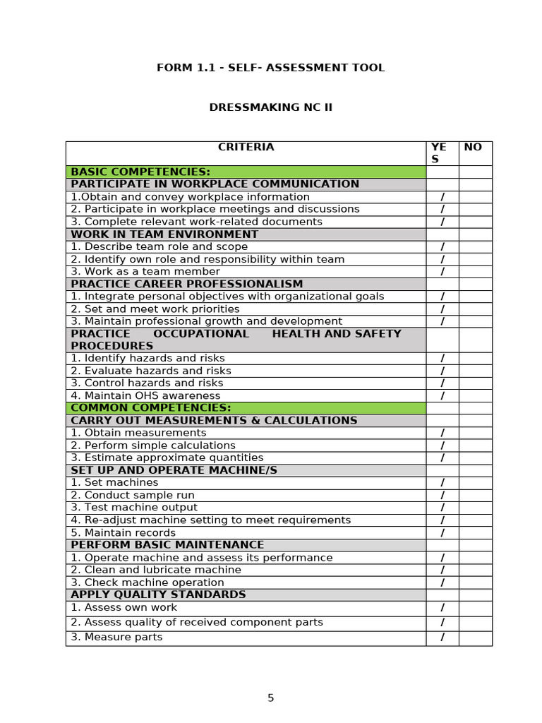 2bataller Self Assessment Checklist | PDF | Occupational Safety And Health | Sewing