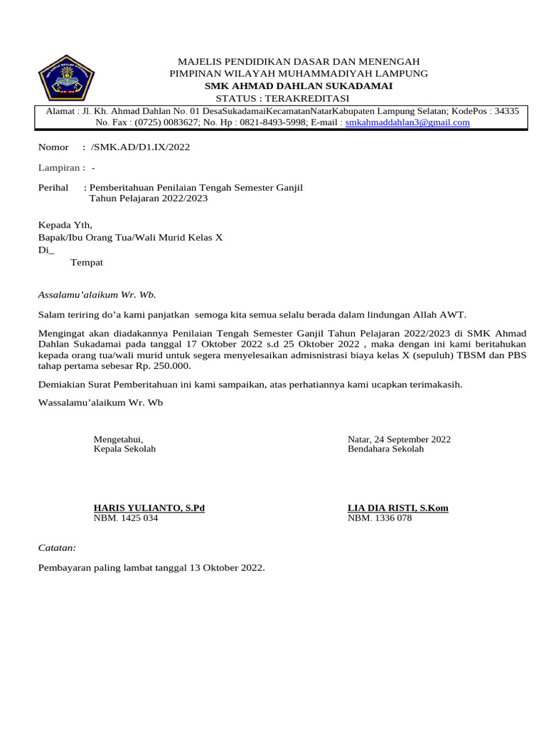 Surat Pemberitahuan PTS | PDF