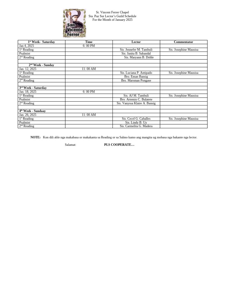 St. Vincent Lectors Schedule | PDF