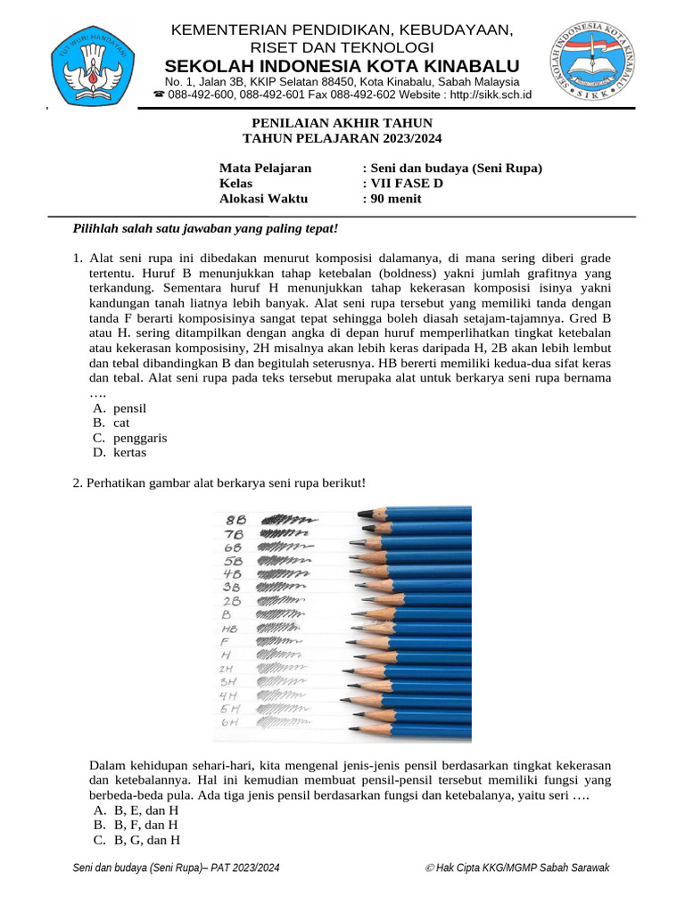 Format Soal PAT SENI RUPA KELAS 7 2024 SEMESTER 2 Untuk CLC | PDF