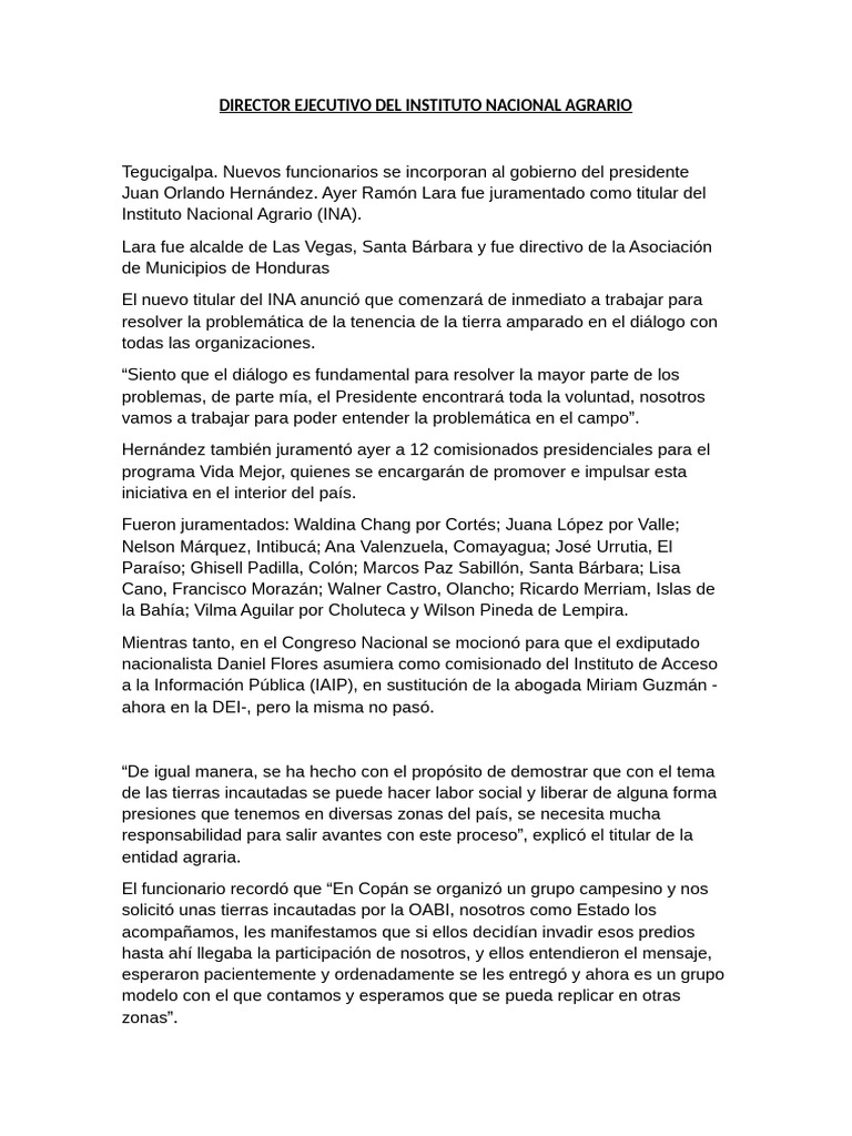 Nuevo Director del INA y Reforma Agraria | PDF | Reforma agraria | Honduras