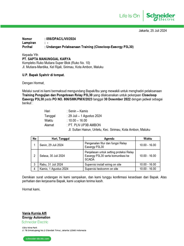 Surat Undangan Training Closeloop Easergy P3L30 - R1 | PDF