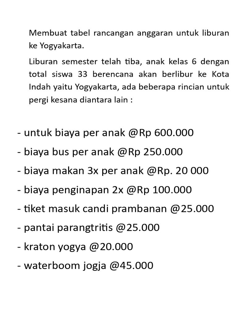 RAB Liburan Kelas 6 ke Yogyakarta | PDF