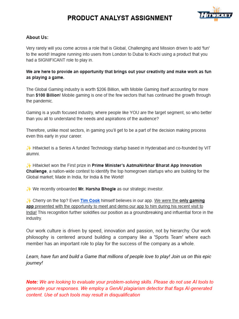 Hitwicket _ Product Analyst Assignment 2024 | PDF | Intelligence Analysis | Hypothesis