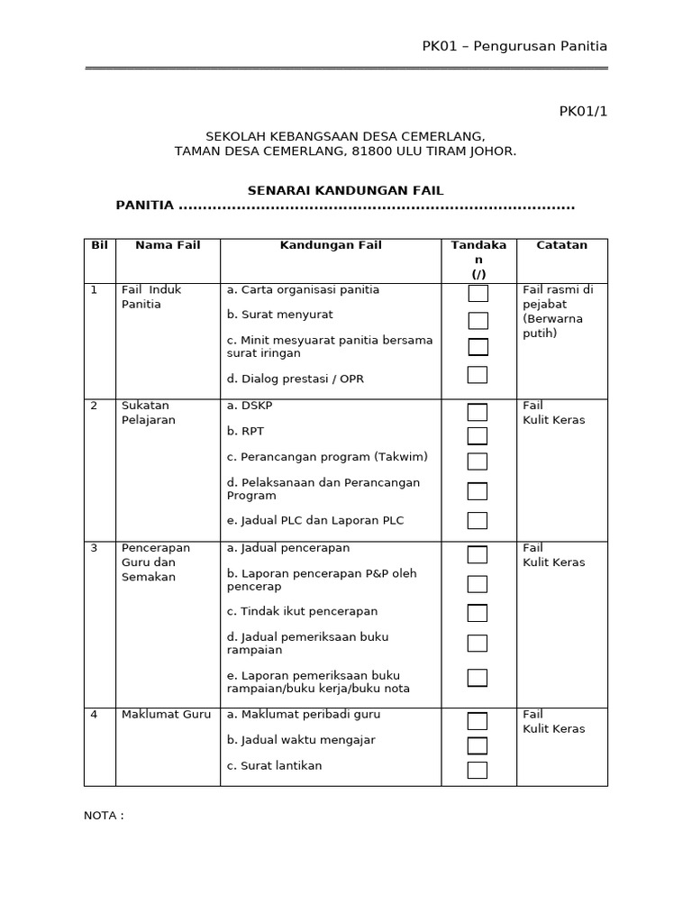 SENARAI KANDUNGAN FAIL PANITIA | PDF