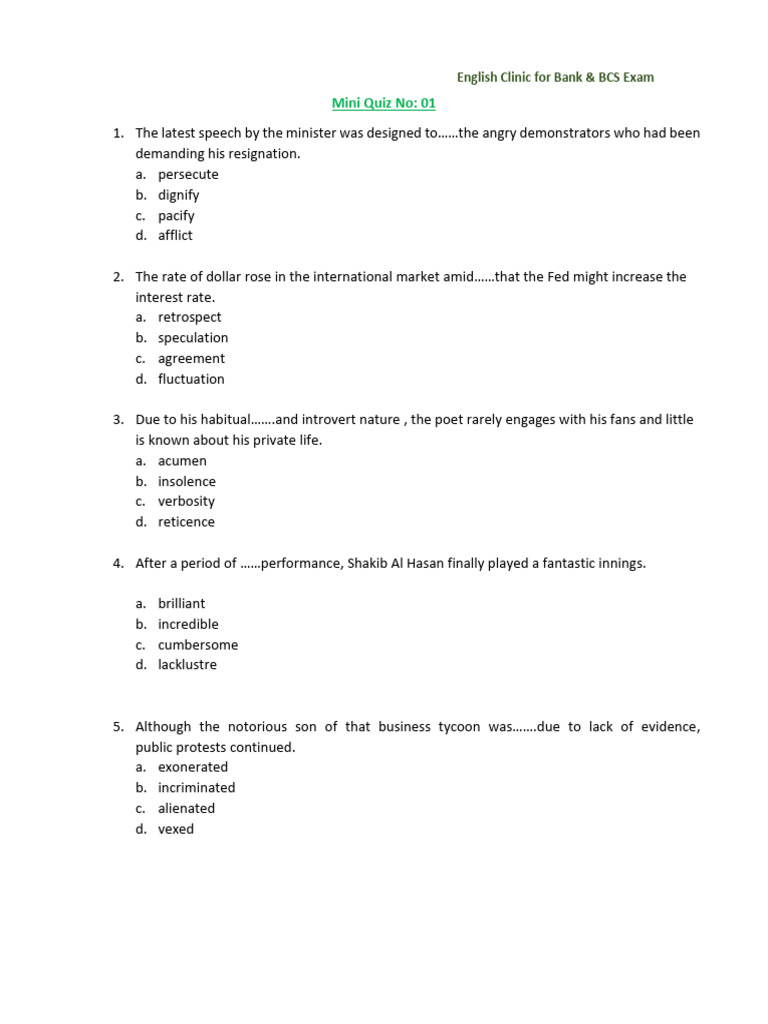 Vocabulary Mini Quiz No-01 | PDF