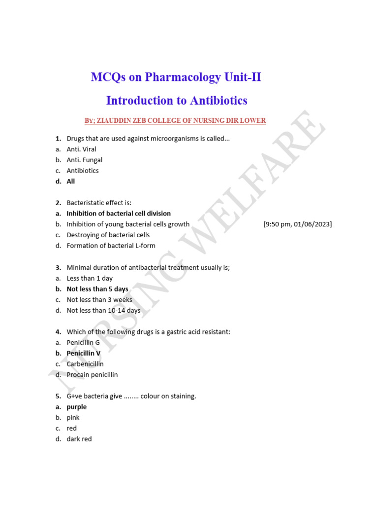 MCQs of Pharmacology Uuit-2 Introduction To Antibiotics | PDF ...