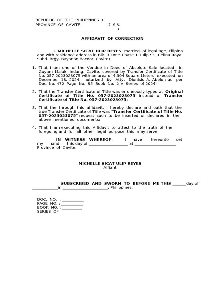 Affidavit of Correction for Title Error | PDF