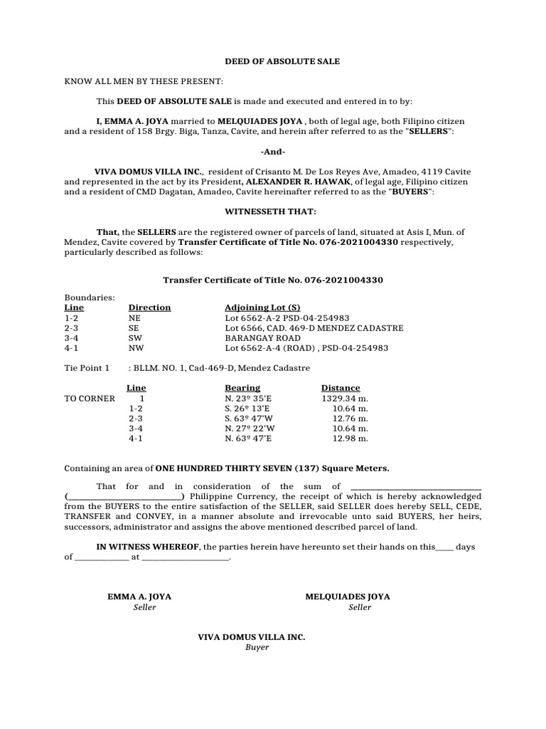 Deed of Absolute Sal3 - Emma A. Joya 3 | PDF | Property Law | Legal ...