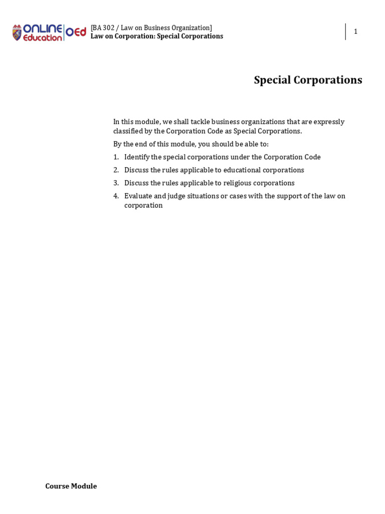 Module 16 - Special Corporations | PDF | Corporations | Property