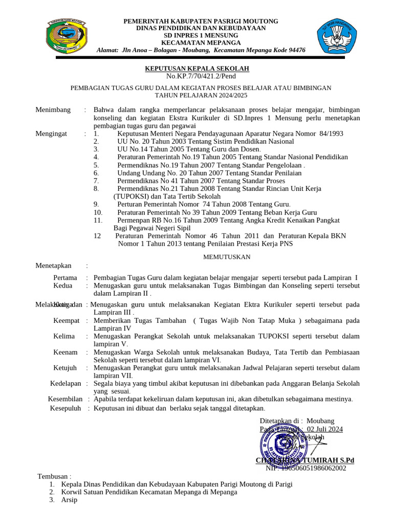 SK Pembagian Tugas Guru Sem I Juli 2024 | PDF