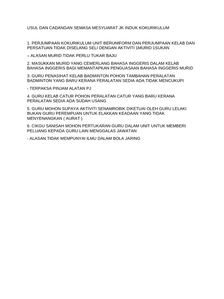 Usul Dan Cadangan Semasa Mesyuarat Jk Induk Kokurikulum Bilangan 4 | PDF