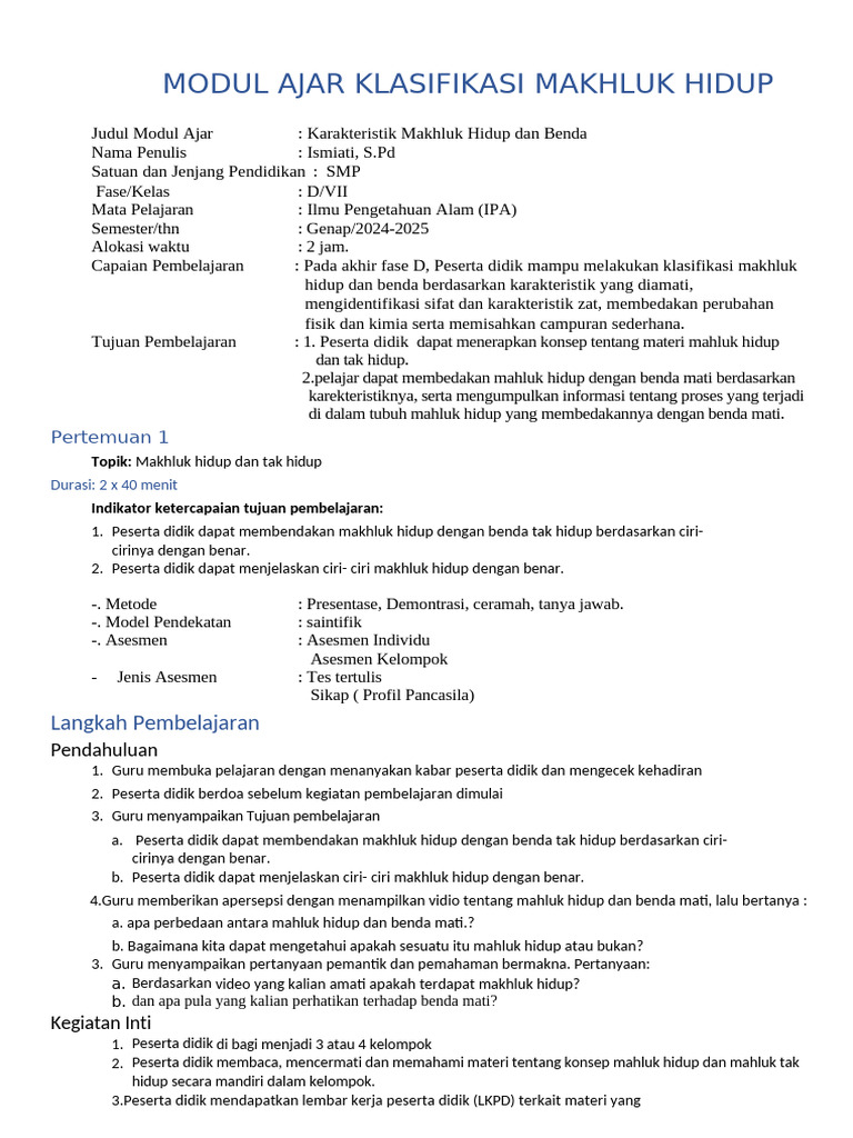 MODUL AJAR KLASIFIKASI MAKHLUK HIDUP SUPERVISI 2025 | PDF