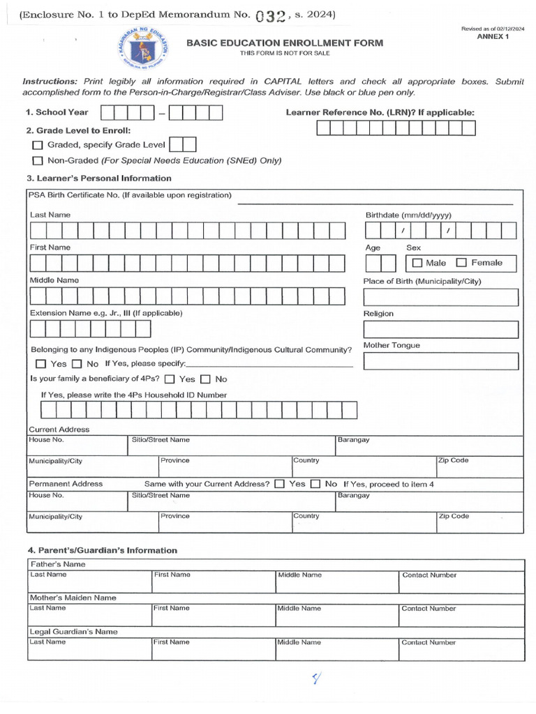 Basic Enrollment Form (Kinder & Grade 1) | PDF