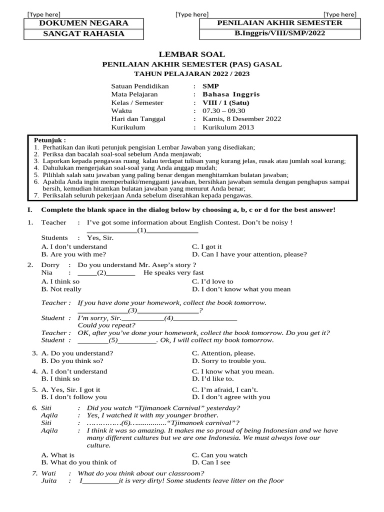 Soal PAS B.Ing Kelas 8 K13 Semester 1 | PDF