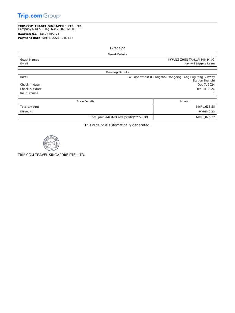 Hotel Booking 34473105370 E-Receipt | PDF