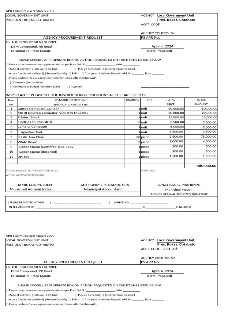 Agency Procurement Request Form | PDF | Office Equipment